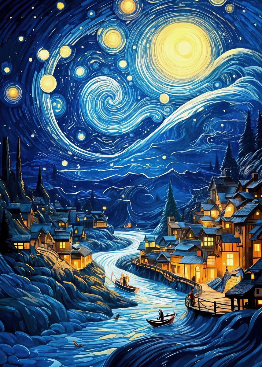 'Starry Night Village Van Gogh' Poster, picture, metal print, paint by ...
