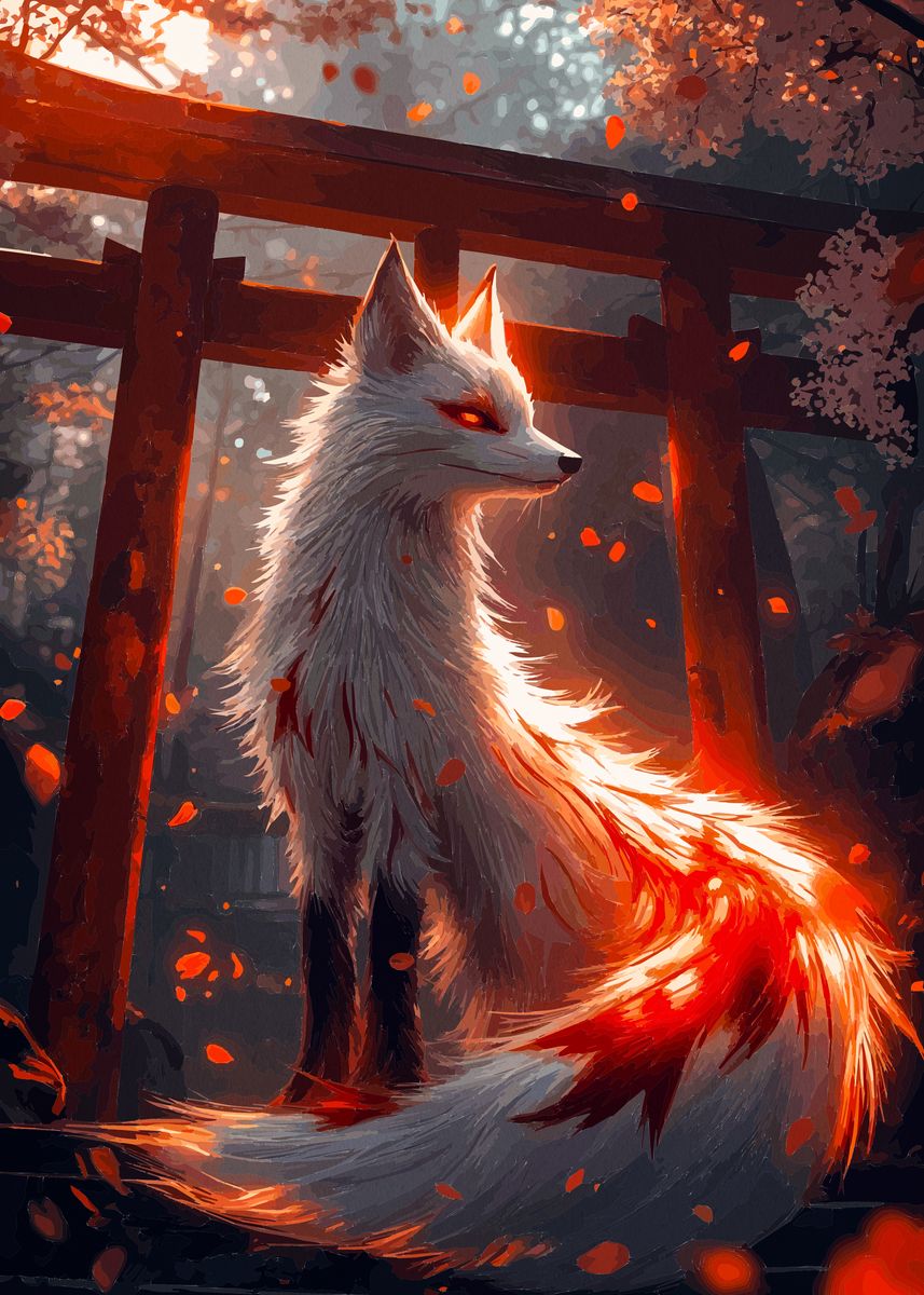 'Kitsune with Flaming Tail' Poster, picture, metal print, paint by ...