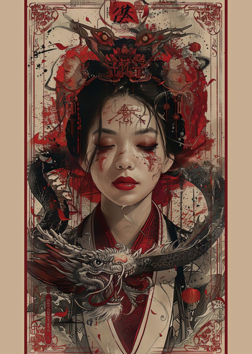 'Geisha with Dragon and Cherry Blossoms' Poster, picture, metal print ...
