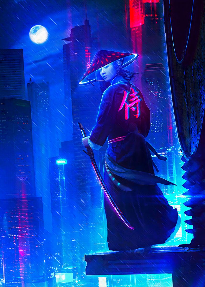 ' Samurai Neon' Poster, picture, metal print, paint by Savika | Displate