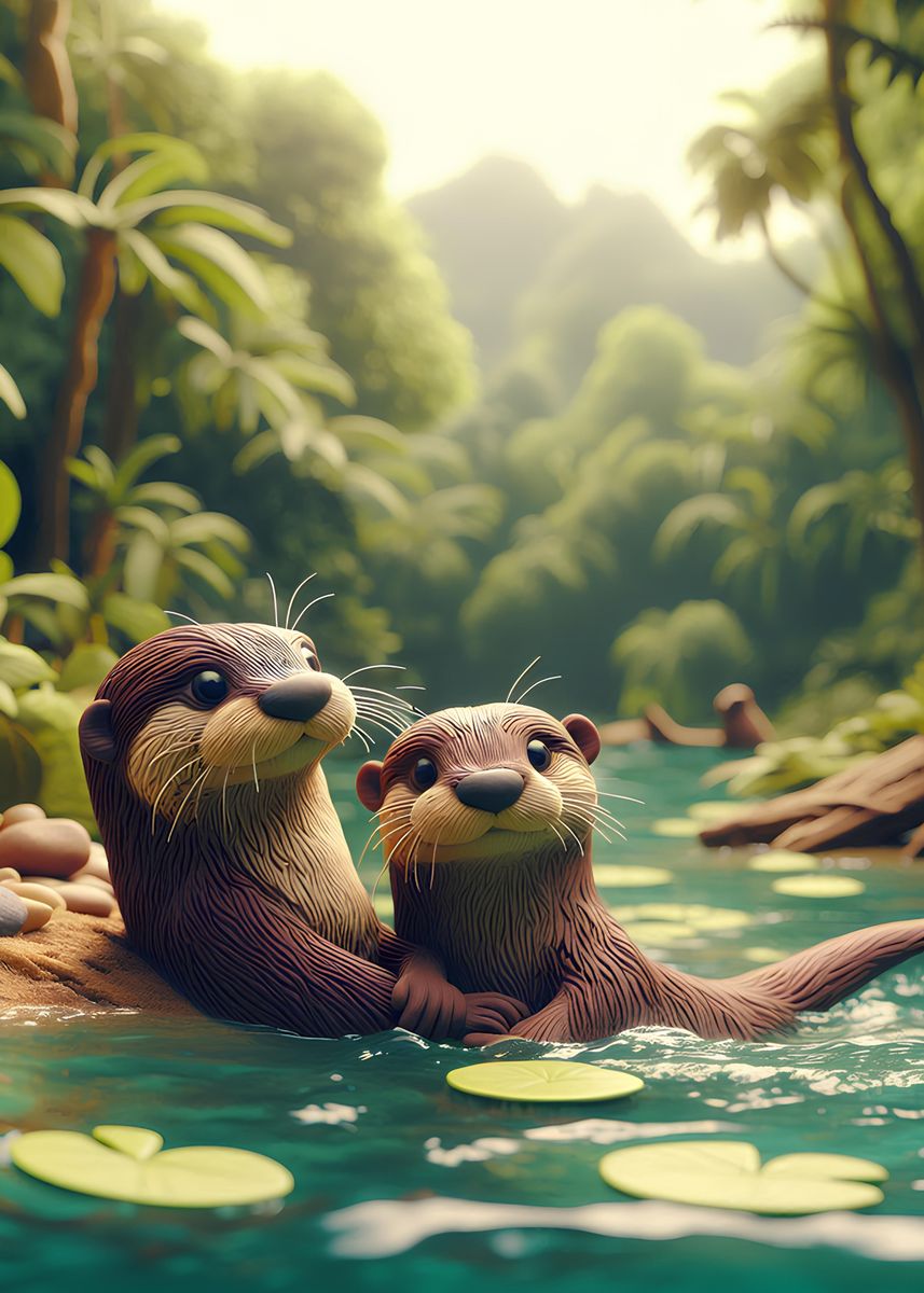 'Otter Friends in Jungle' Poster, picture, metal print, paint by Alvaro ...