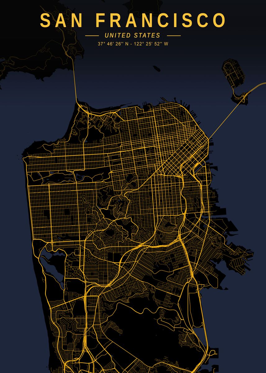 'San Francisco Golden City Map' Poster, picture, metal print, paint by ...