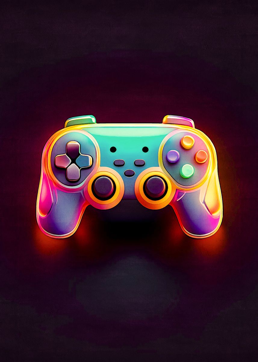 'Neon Game Controller emoji' Poster, picture, metal print, paint by ...