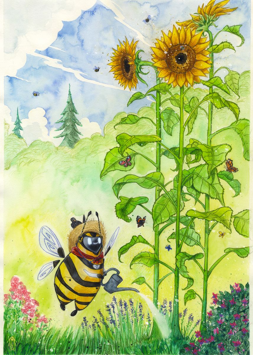 'Bee Watering Flowers' Poster, picture, metal print, paint by Jaime ...