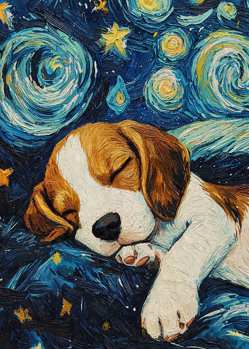 'Beagle Puppy Starry Night' Poster, picture, metal print, paint by ...