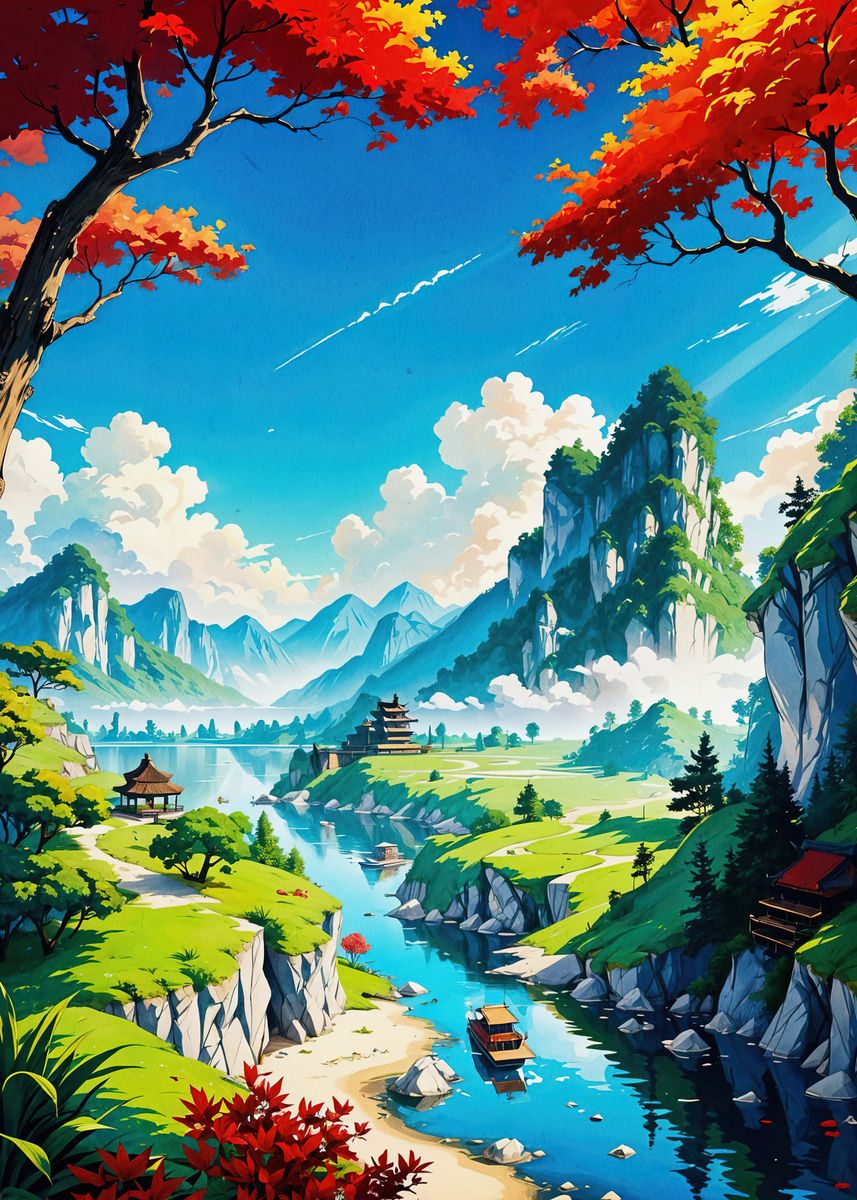 'Serene Asian Landscape' Poster, picture, metal print, paint by Japan ...