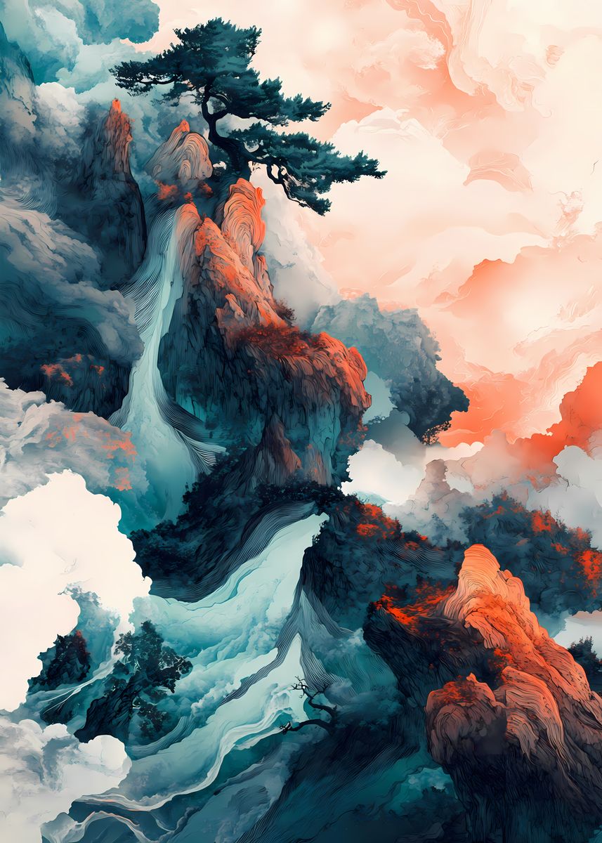 'Mountain Dreamscape Landscape Bonsai Clouds' Poster, picture, metal ...