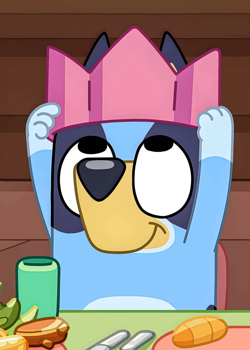 'Bluey Wearing Party Hat' Poster, picture, metal print, paint by | Displate