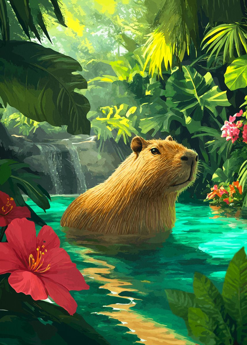 'Capybara in Tropical Paradise' Poster, picture, metal print, paint by ...