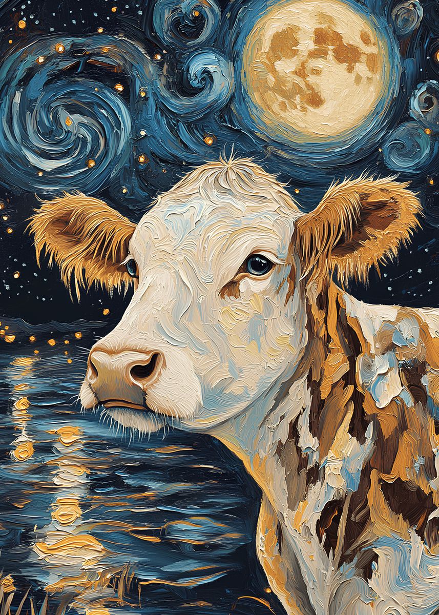'Cow Under Starry Night' Poster, picture, metal print, paint by | Displate