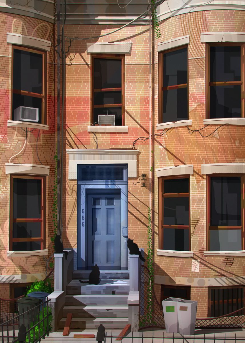 'Cats on a City Stoop in Ne' Poster, picture, metal print, paint by ...