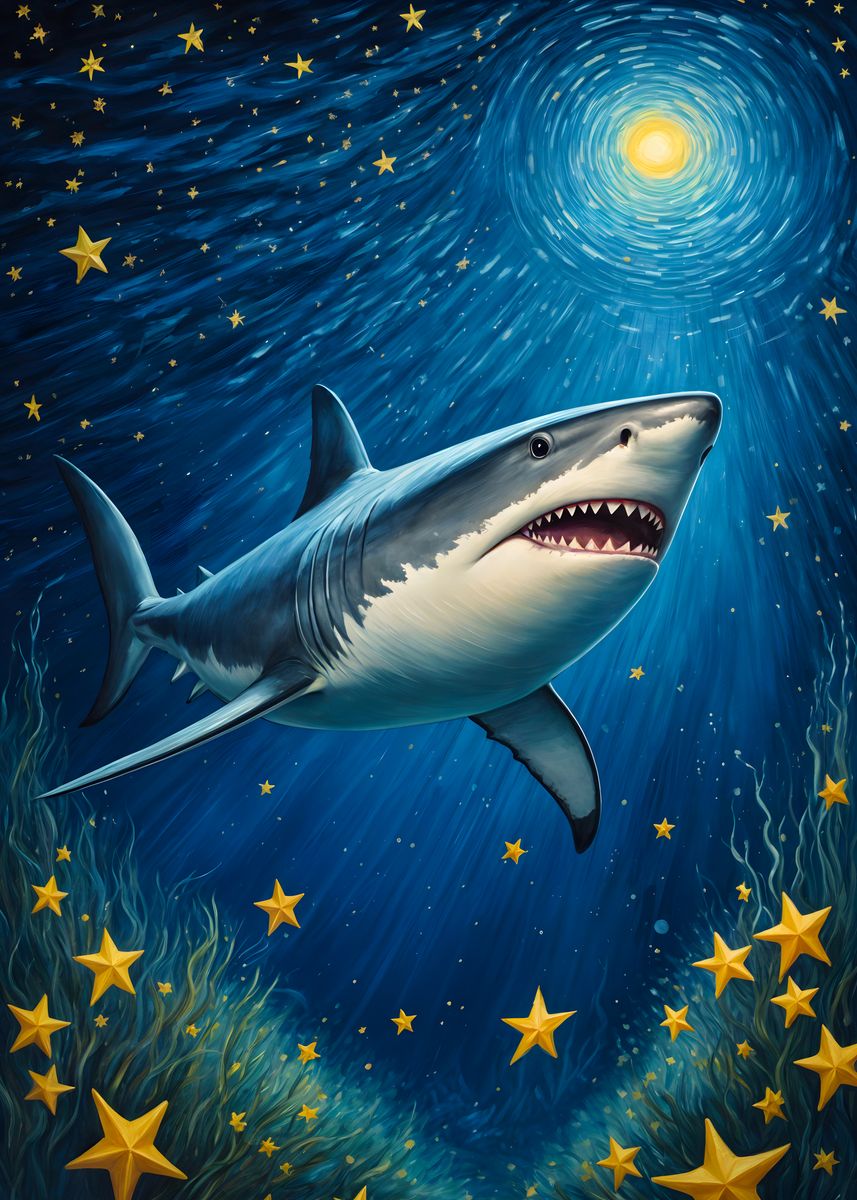'Shark Starry' Poster, picture, metal print, paint by Yushiroe | Displate