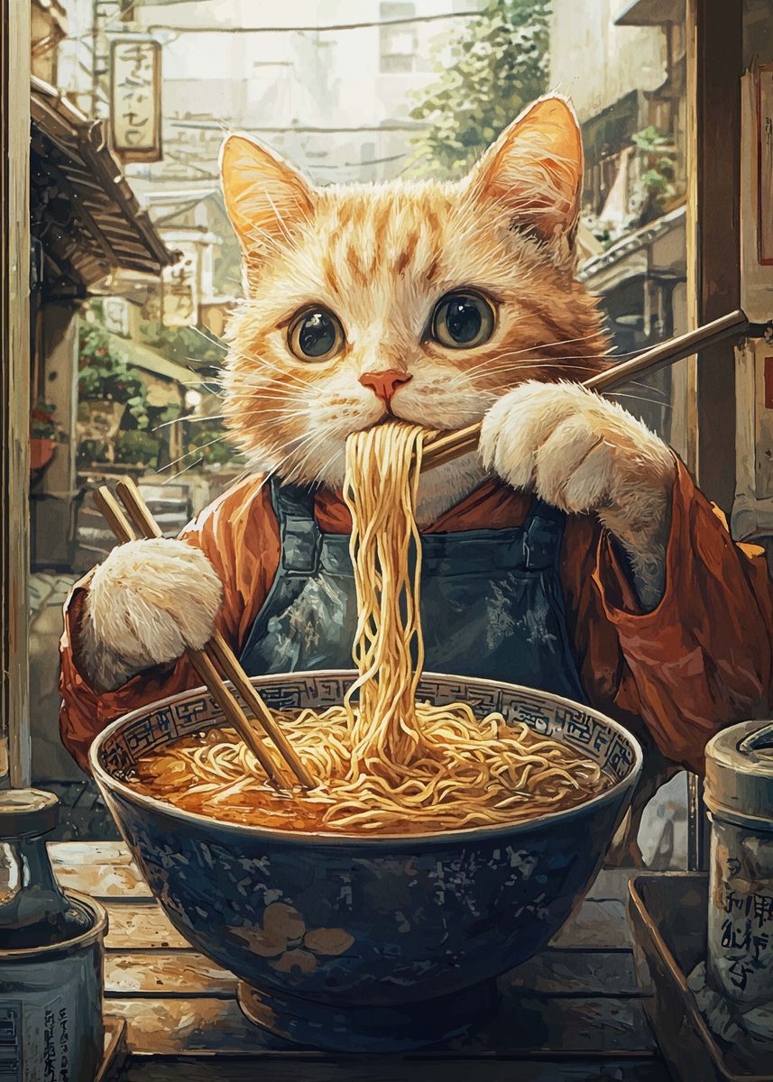 'Cat Eating Ramen' Poster, picture, metal print, paint by Magdalena ...