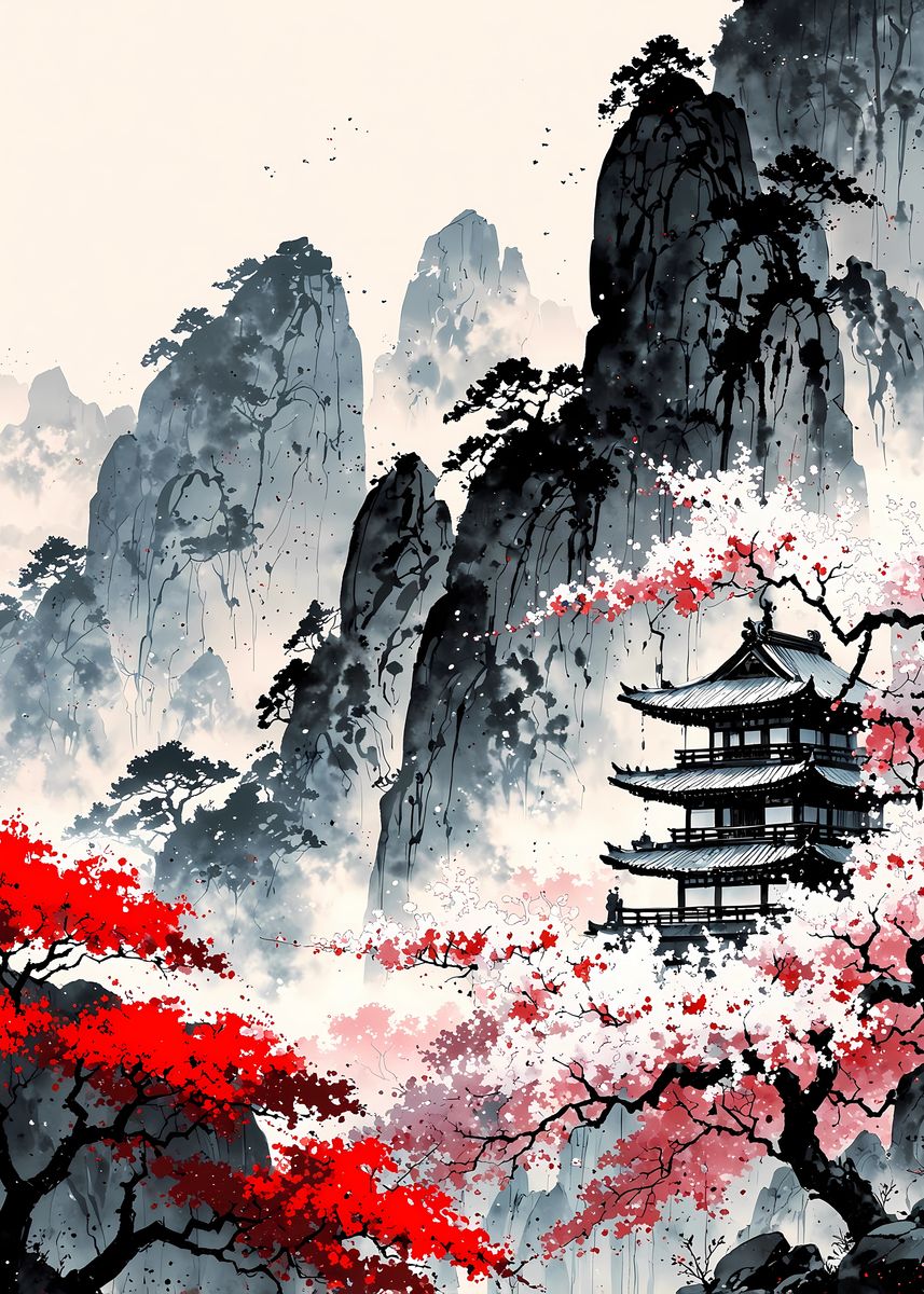 'Japanese Mountain Temple' Poster, picture, metal print, paint by ...