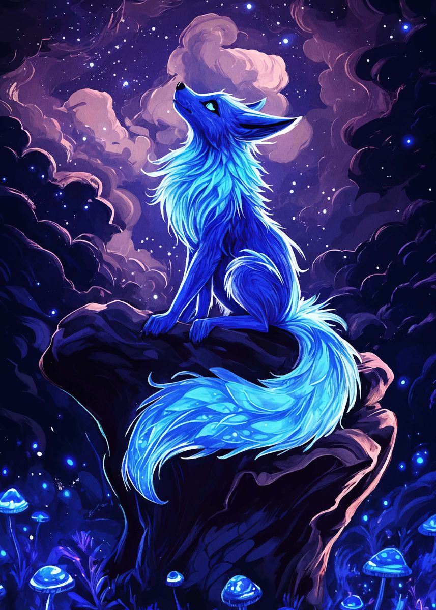 'Blue Fox Kitsune Landscape' Poster, picture, metal print, paint by ...