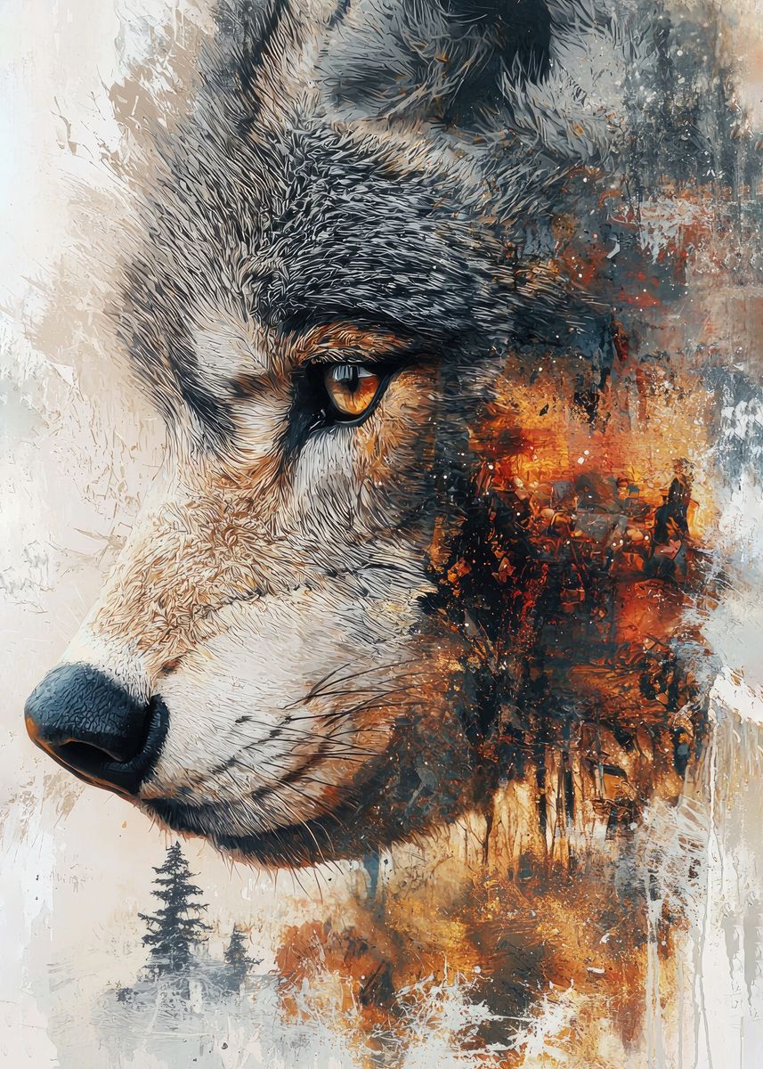 'Wolf Portrait with Forest' Poster, picture, metal print, paint by ...