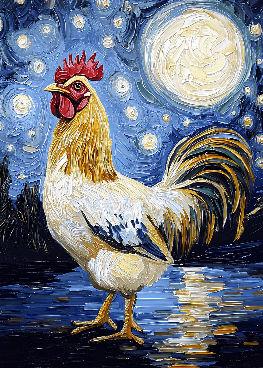 'Rooster Under Starry Night' Poster, picture, metal print, paint by ...