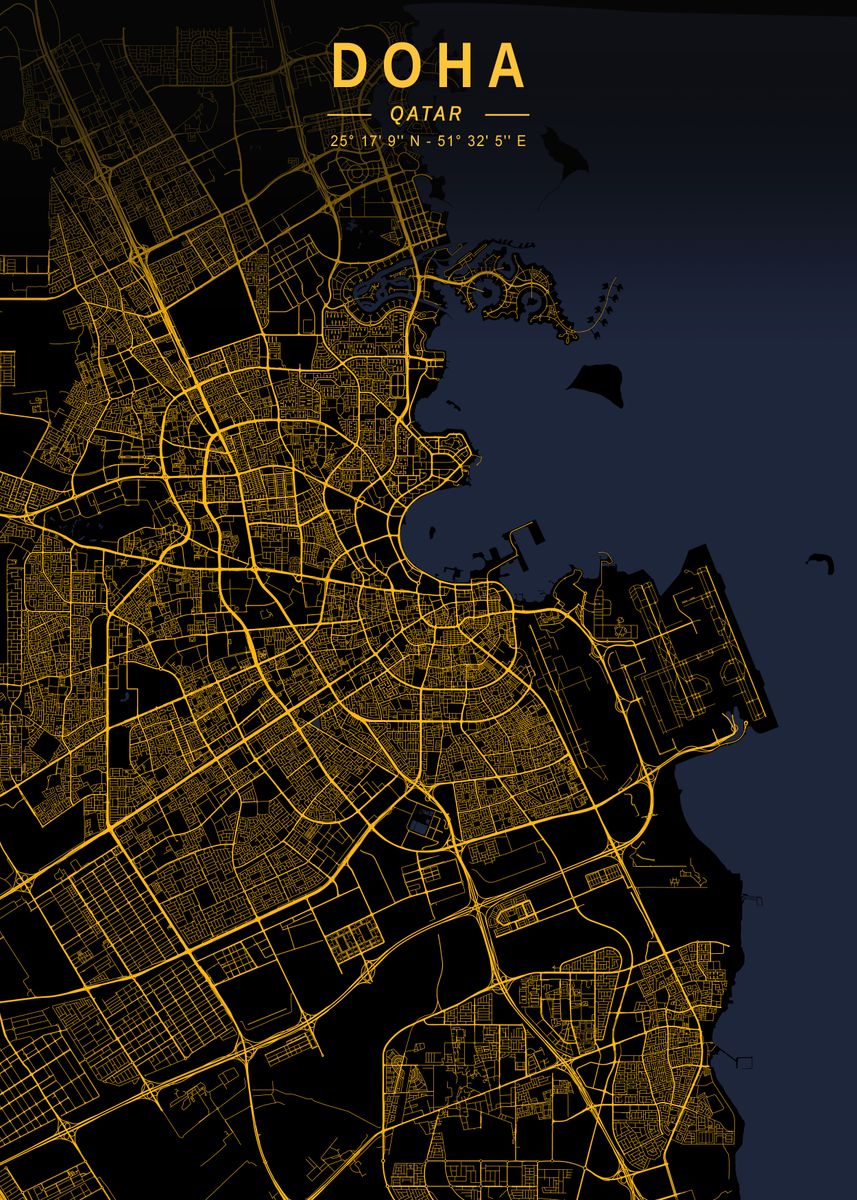 'Doha Golden City Map' Poster, picture, metal print, paint by ...