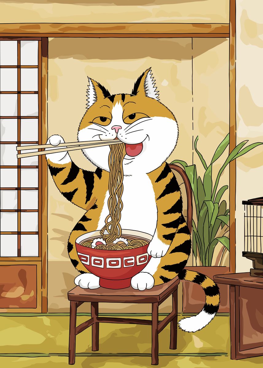 'Cat Ramen Japan' Poster, picture, metal print, paint by Batrisyia Rania Fitri | Displate