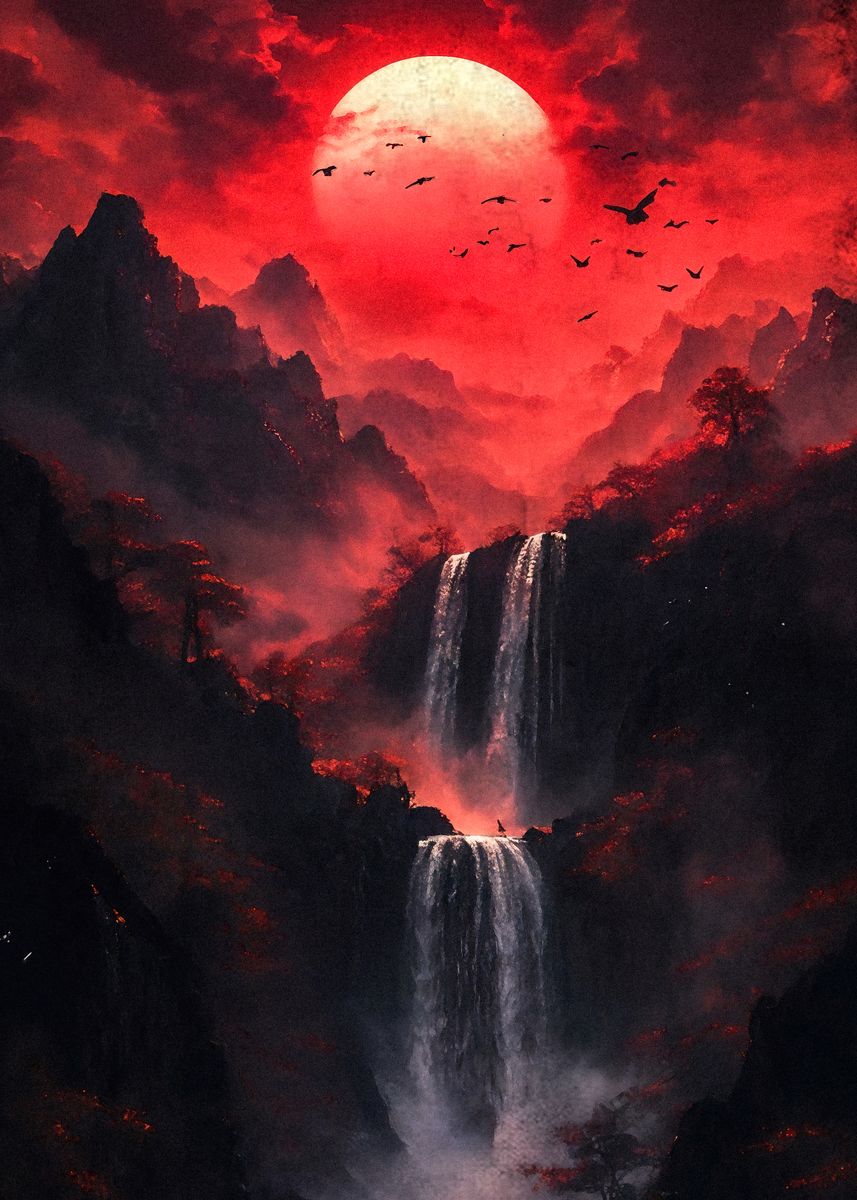'Red Moon Waterfall' Poster, picture, metal print, paint by Peterson ...