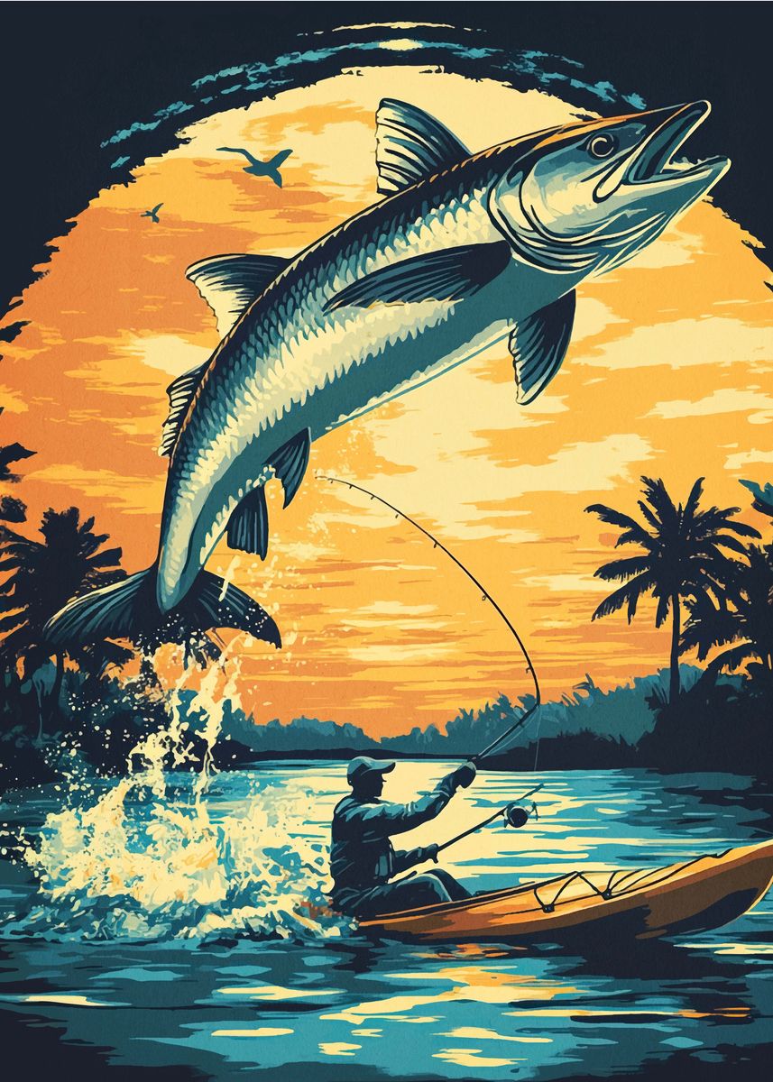 'Fishing Sunset Landscape' Poster, picture, metal print, paint by ...