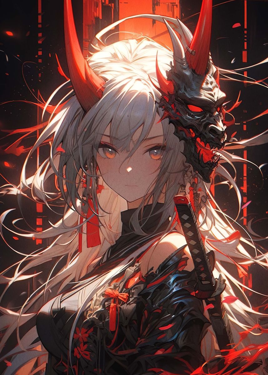 'Anime Girl with Demon Mask' Poster, picture, metal print, paint by ...