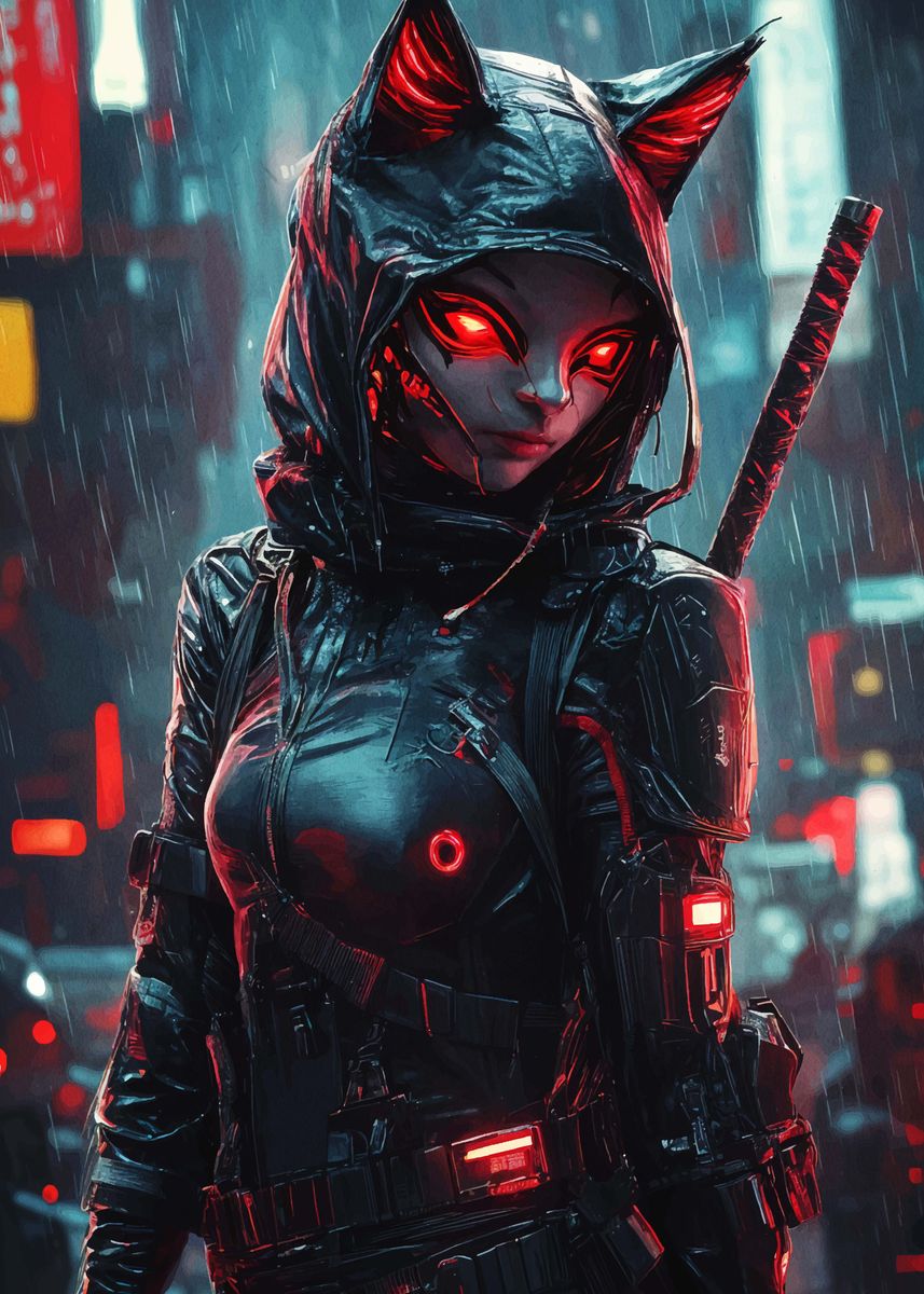 'Cyberpunk Catgirl Warrior' Poster, picture, metal print, paint by ...