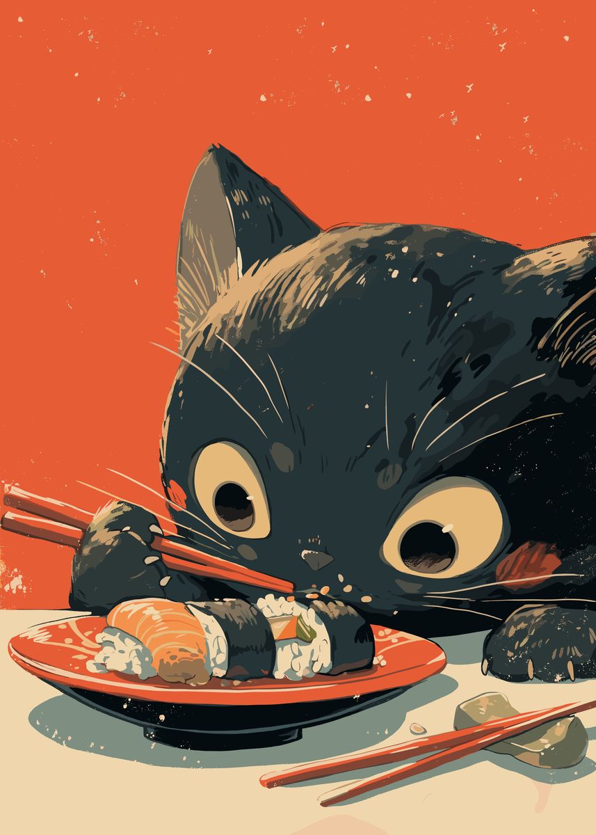 'Cat Sushi japan ' Poster, picture, metal print, paint by Retsher ...