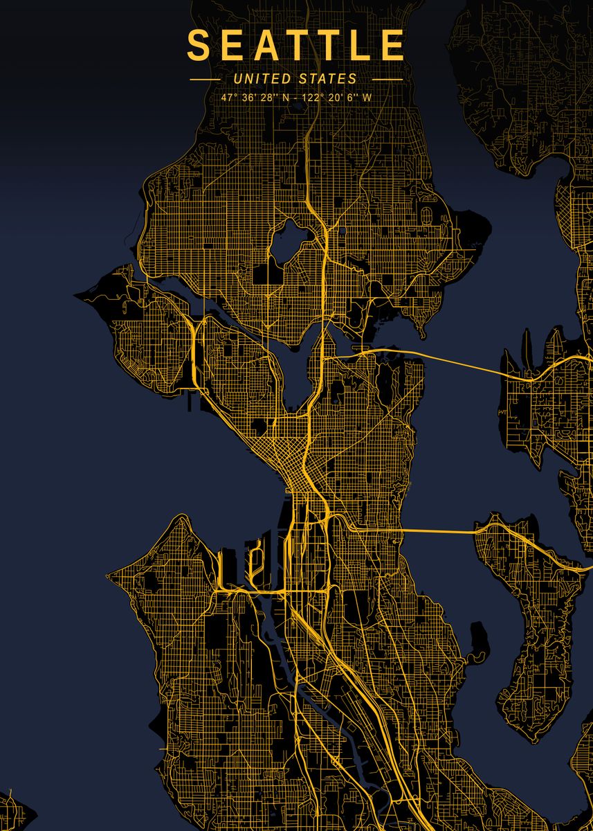 'Seattle Golden City Map' Poster, picture, metal print, paint by ...