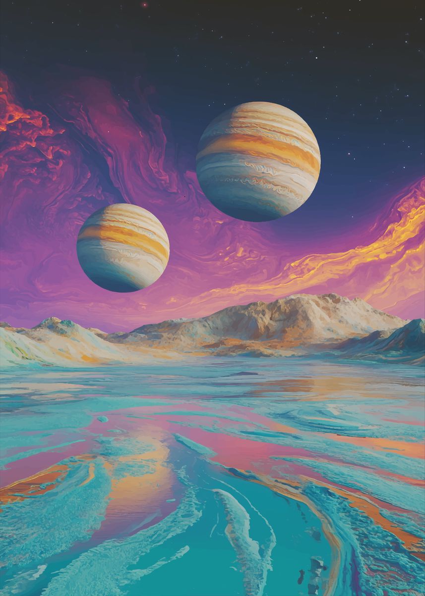 'Two Planets Over a Desert' Poster, picture, metal print, paint by ...