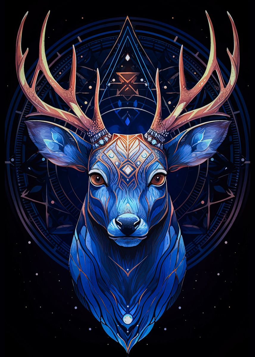 'Blue Deer with Geometric' Poster, picture, metal print, paint by ...