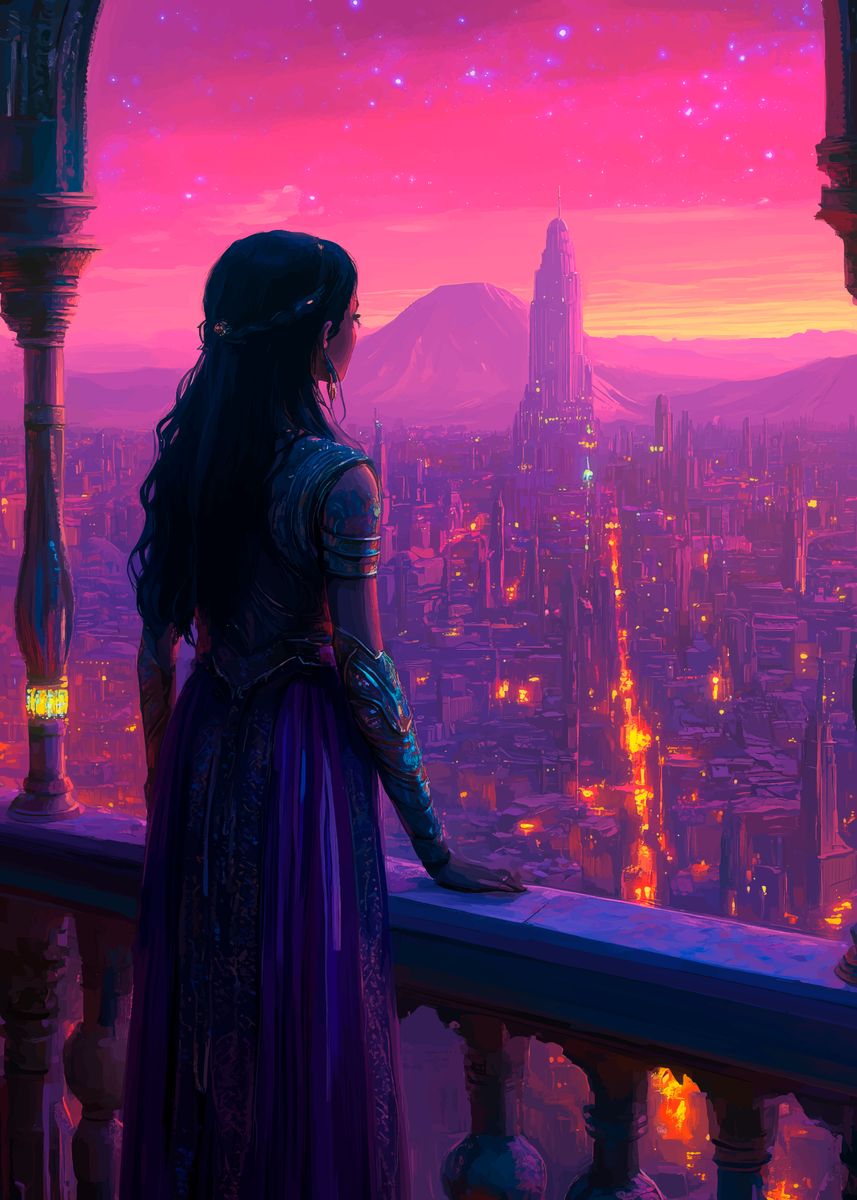 'Fantasy Cityscape at Sunset' Poster, picture, metal print, paint by ...
