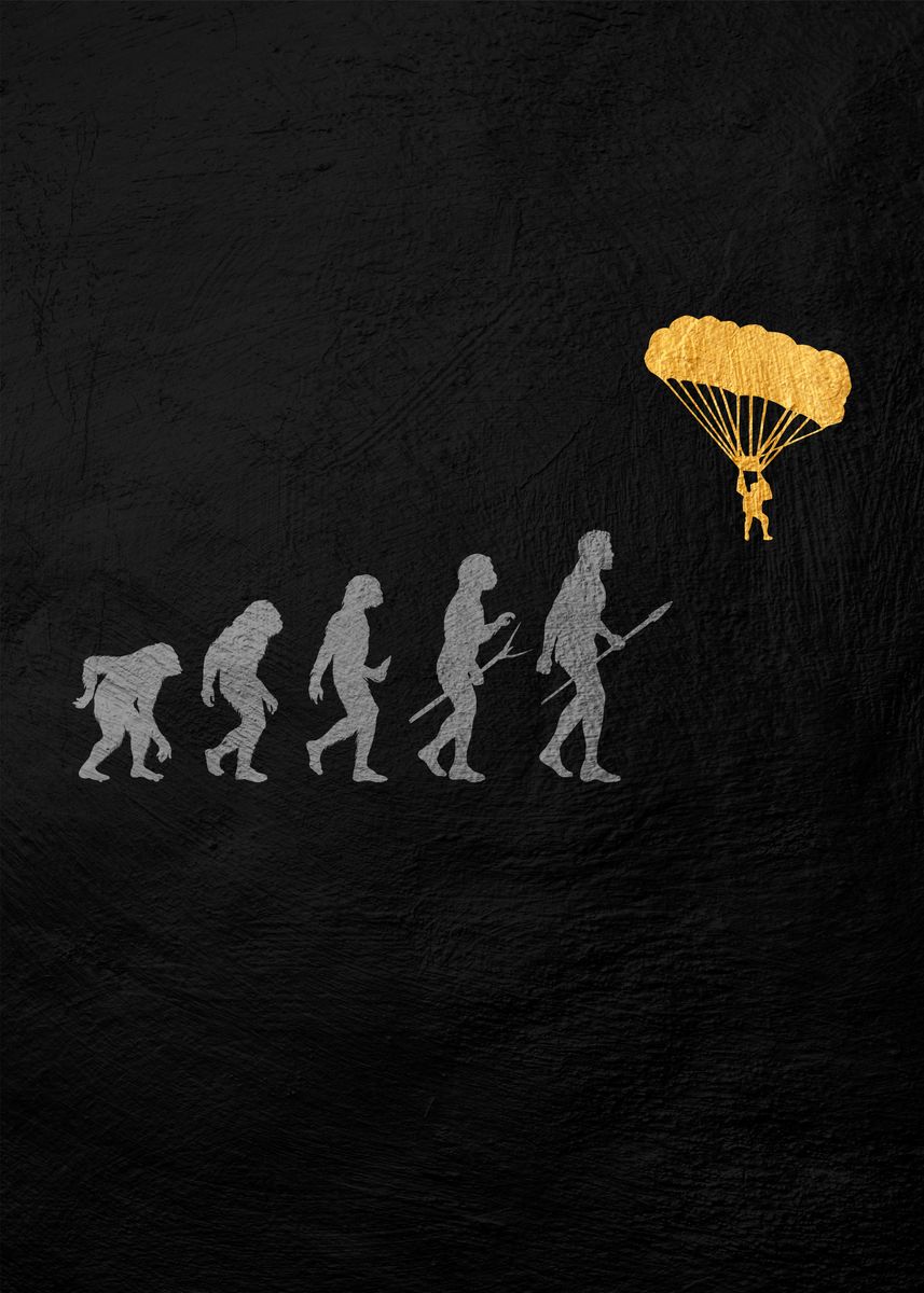 'Evolution of Man with Parachute' Poster, picture, metal print, paint ...