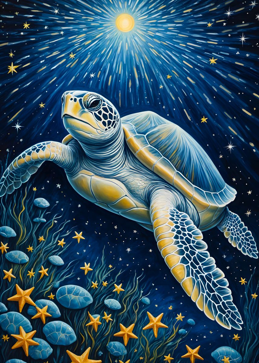 'Sea Turtle in Starry Night' Poster, picture, metal print, paint by ...