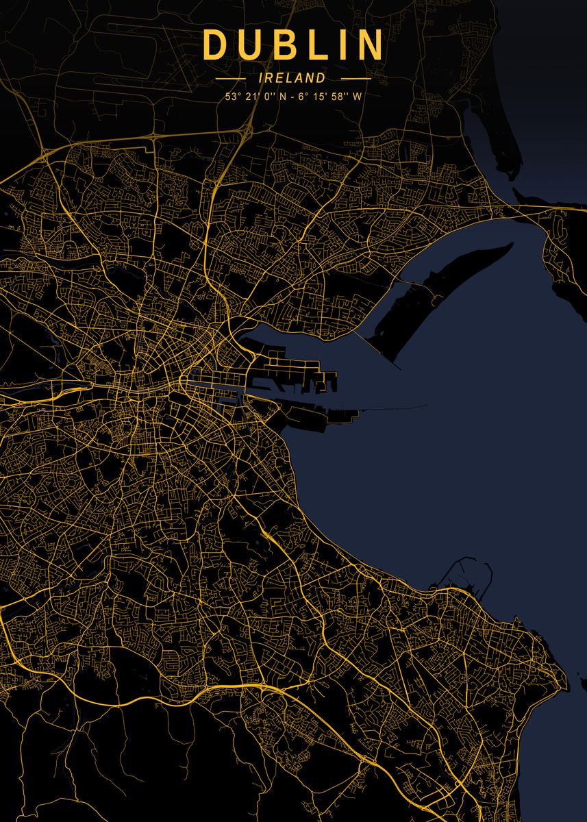 'Dublin Golden City Map' Poster, picture, metal print, paint by ...