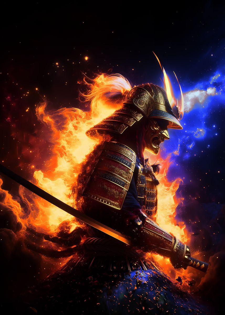 'Samurai in Flames and Blue Universe' Poster, picture, metal print ...