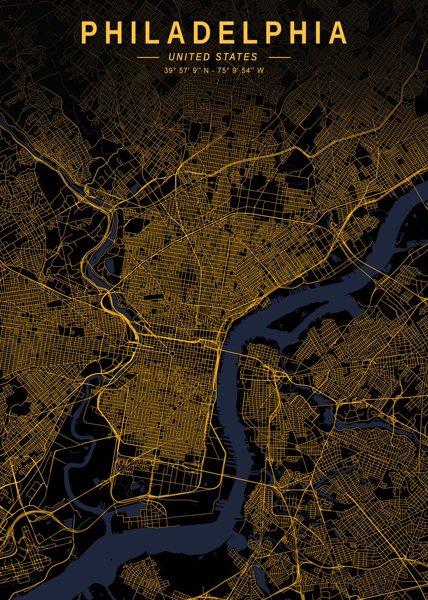 'Philadelphia Golden City Map' Poster, picture, metal print, paint by ...