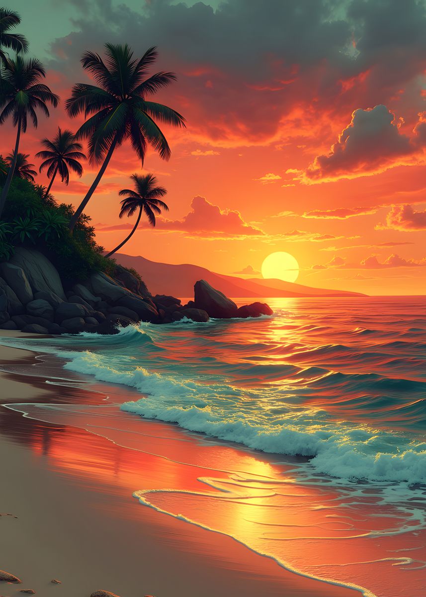 'Tropical Sunset Beach' Poster, picture, metal print, paint by Art Jiyuu | Displate