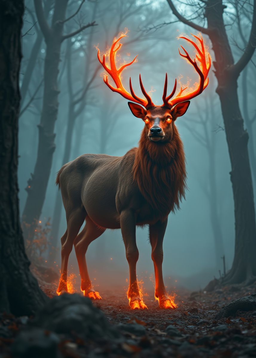 'Fiery Forest Stag' Poster, picture, metal print, paint by The Flowers ...
