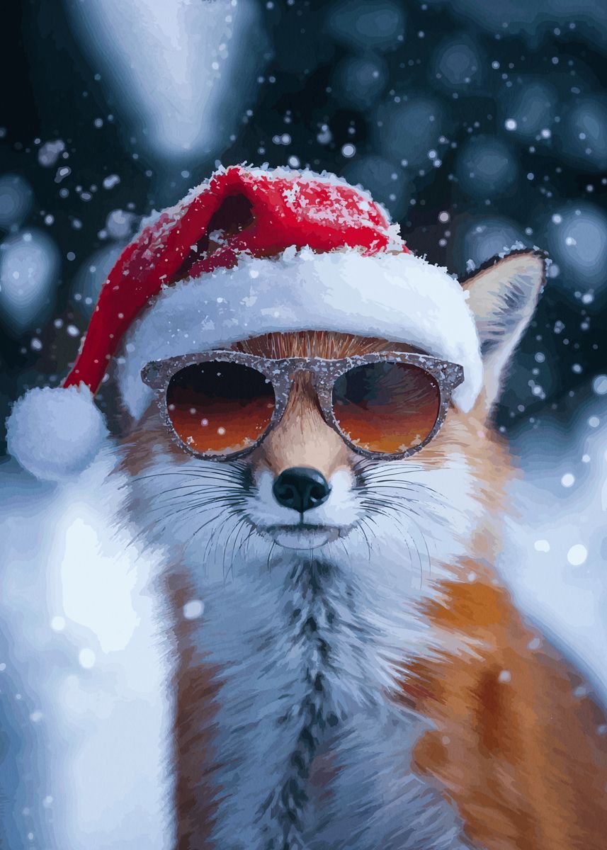 'Fox in Santa Hat' Poster, picture, metal print, paint by | Displate