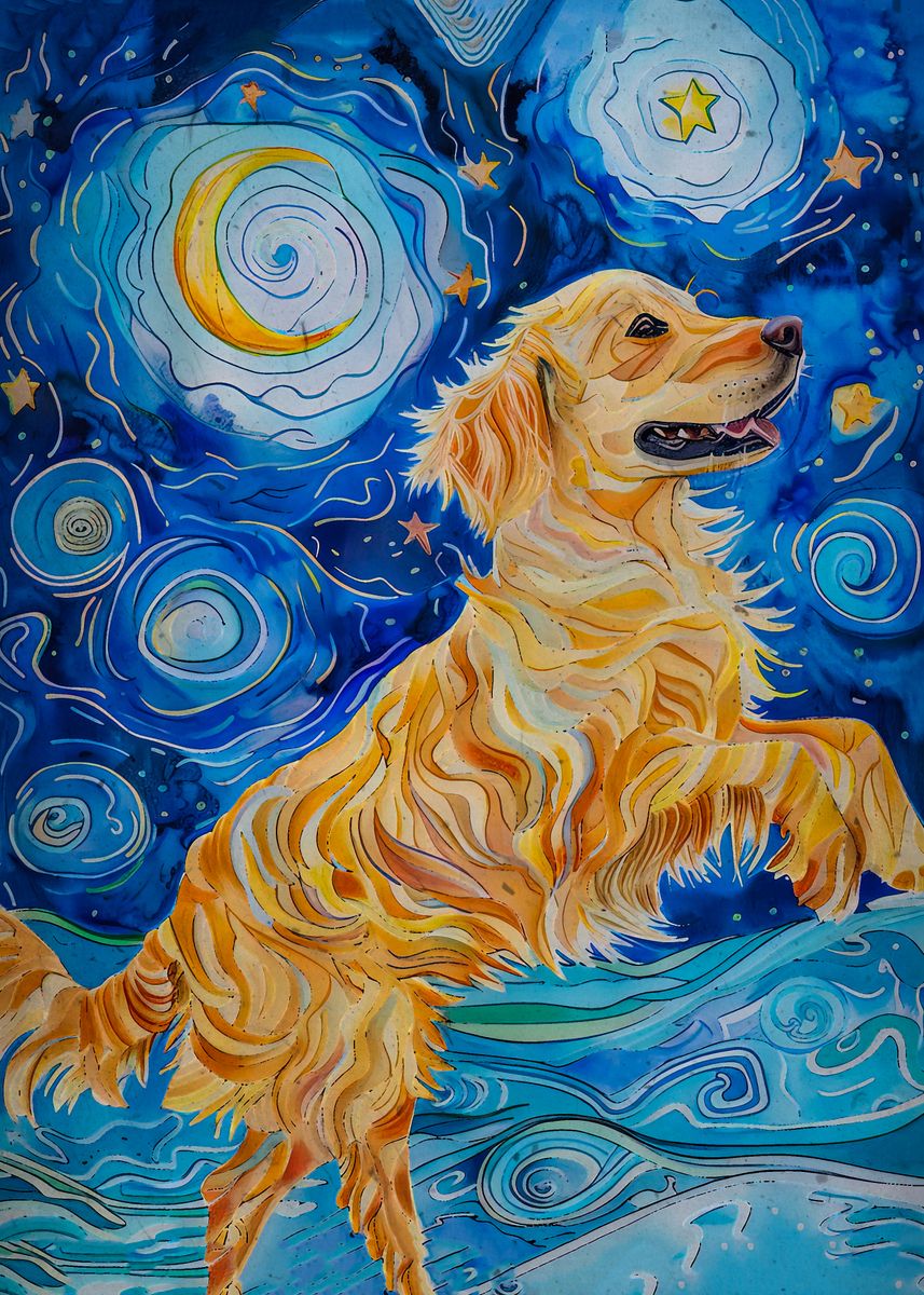 'Golden Retriever Starry Night' Poster, picture, metal print, paint by ...