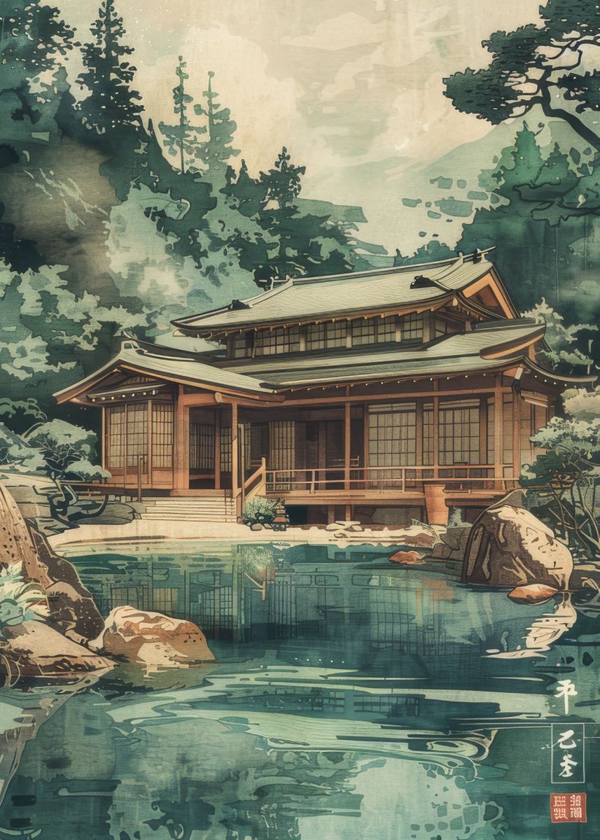 'Japanese House by the Pond' Poster, picture, metal print, paint by ...