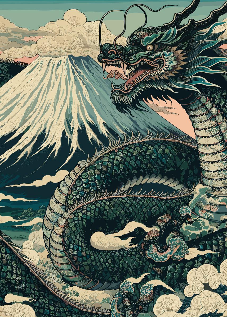 'Japanese Dragon Mount Fuji' Poster, picture, metal print, paint by Ray ...