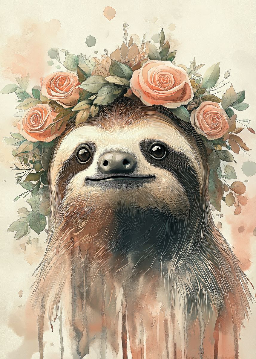 'Sloth with Floral Crown' Poster, picture, metal print, paint by Design ...
