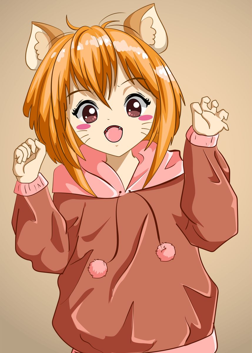 'Cute Anime Girl with Cat Ears' Poster, picture, metal print, paint by ...