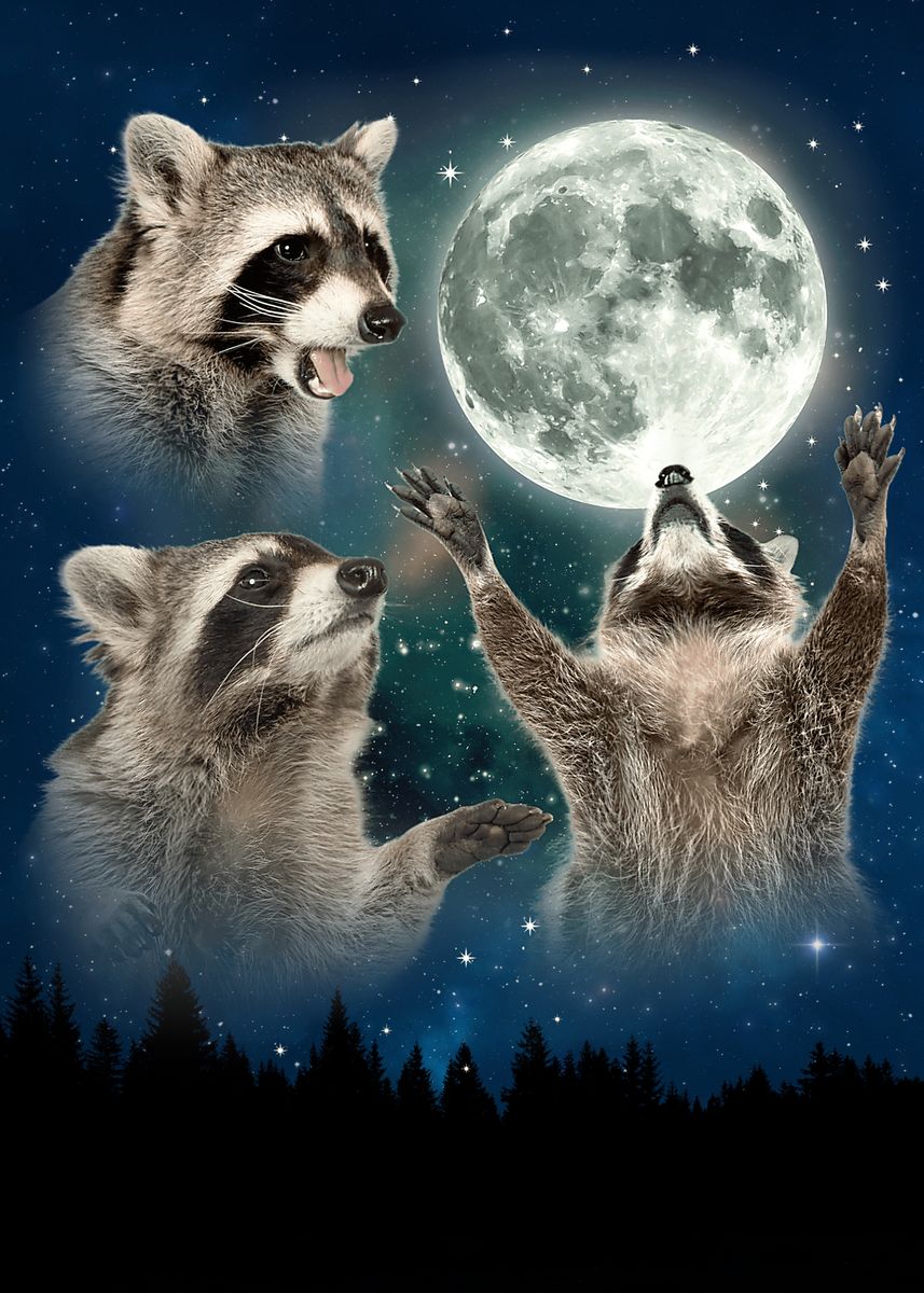'Raccoons Reaching for the Moon' Poster, picture, metal print, paint by ...