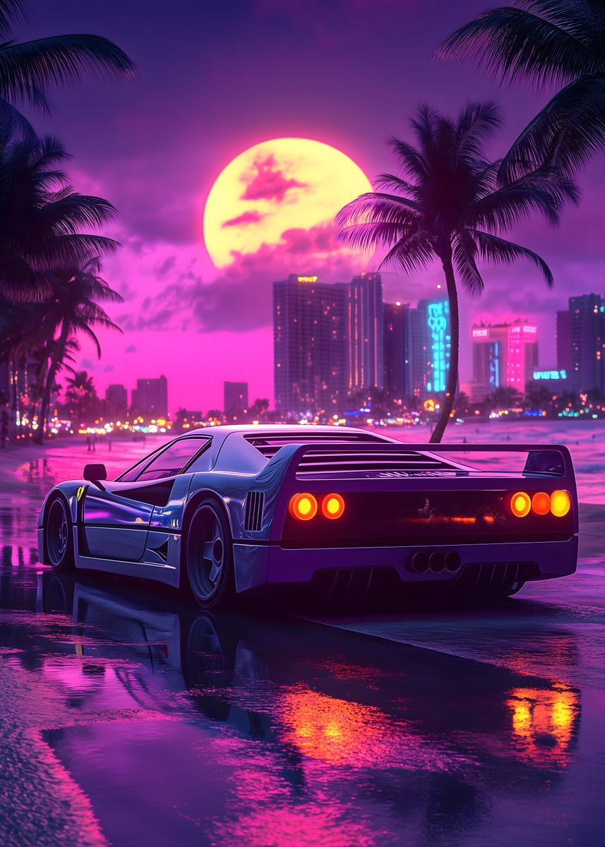 'Retro F40 Ferrari Retrowave Sunset ' Poster, picture, metal print ...
