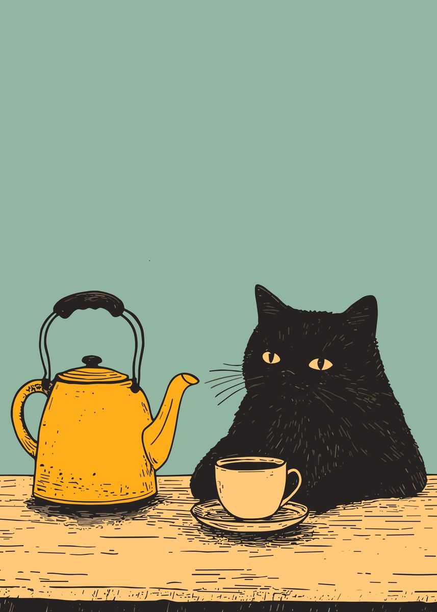 'Black Cat Tea Time' Poster, picture, metal print, paint by iPoster ...