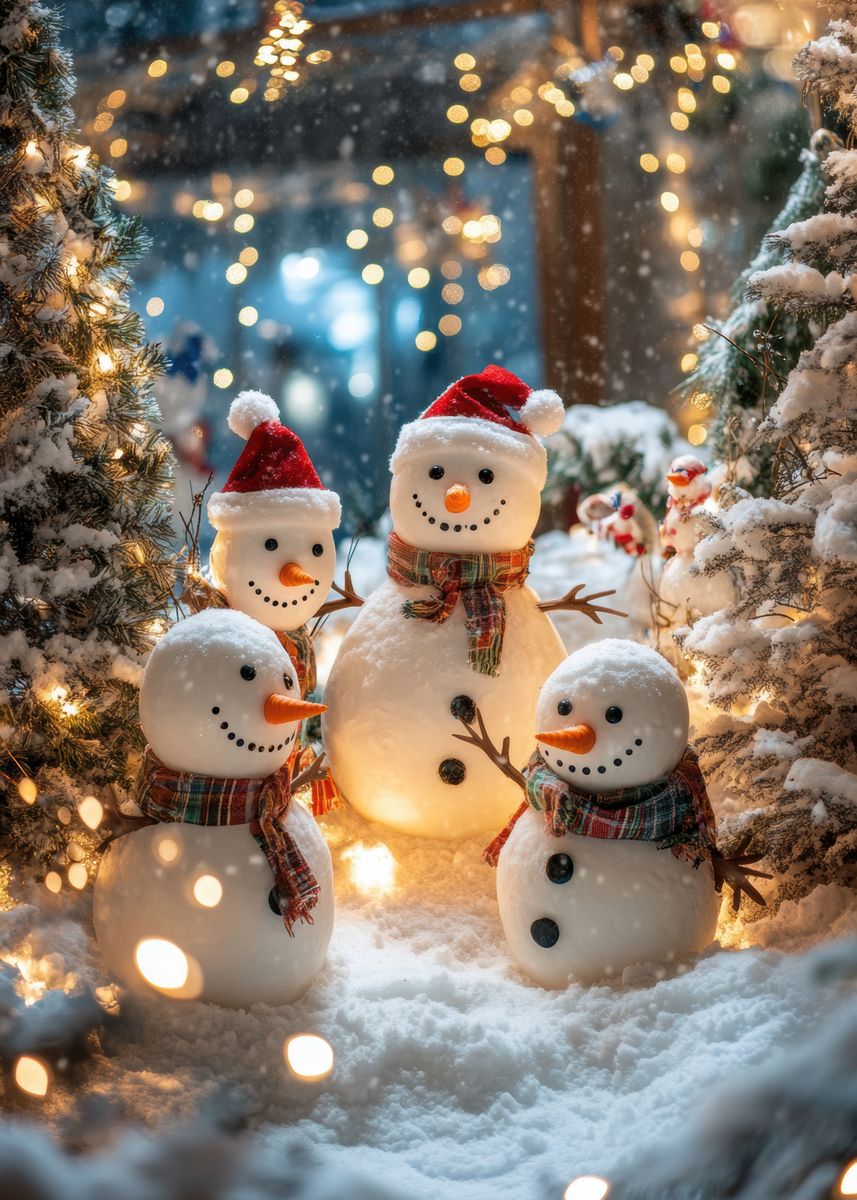 'Festive Snowman Gathering' Poster, picture, metal print, paint by ...