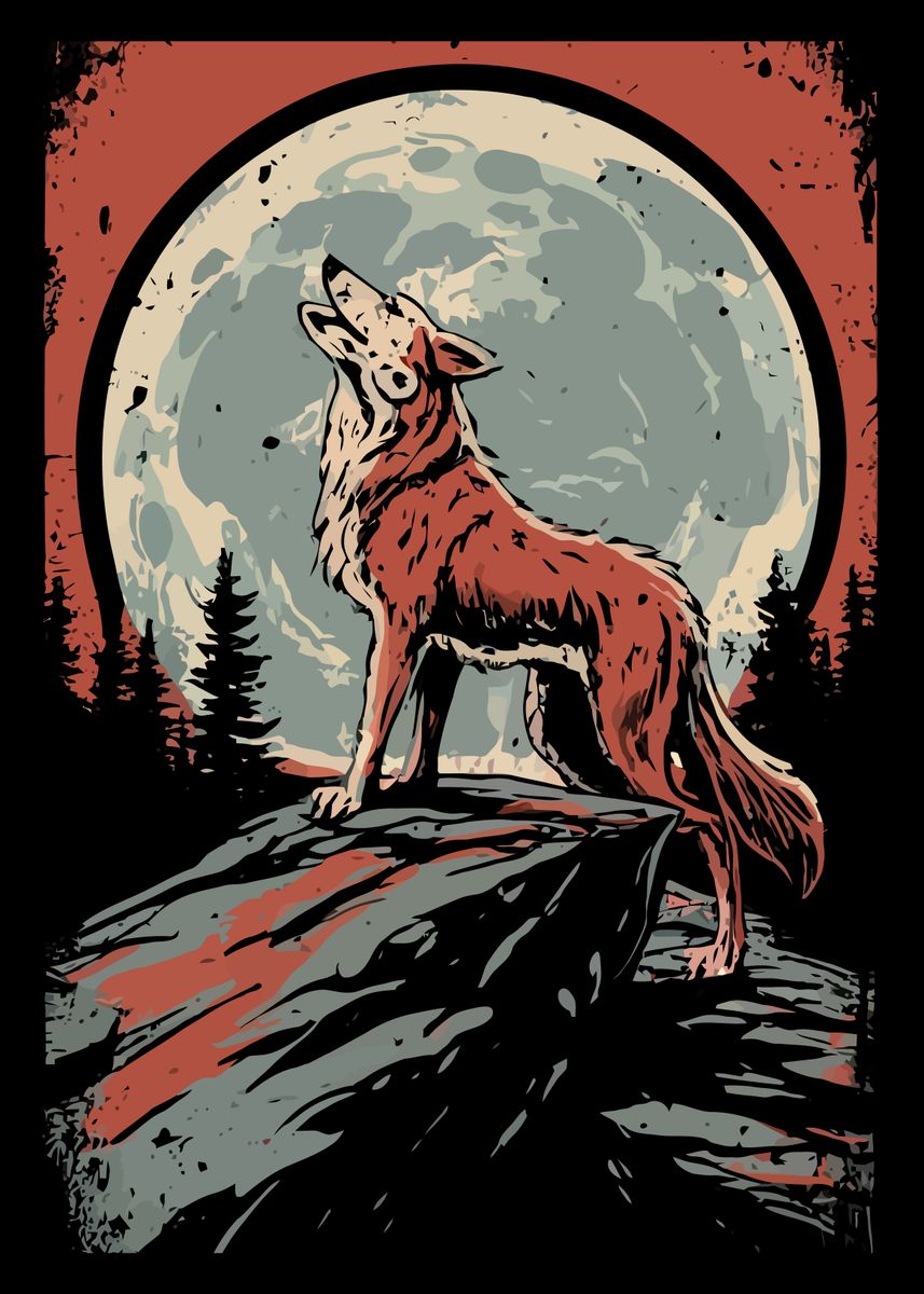 'Wolf Howling Under The Moon' Poster, picture, metal print, paint by ...